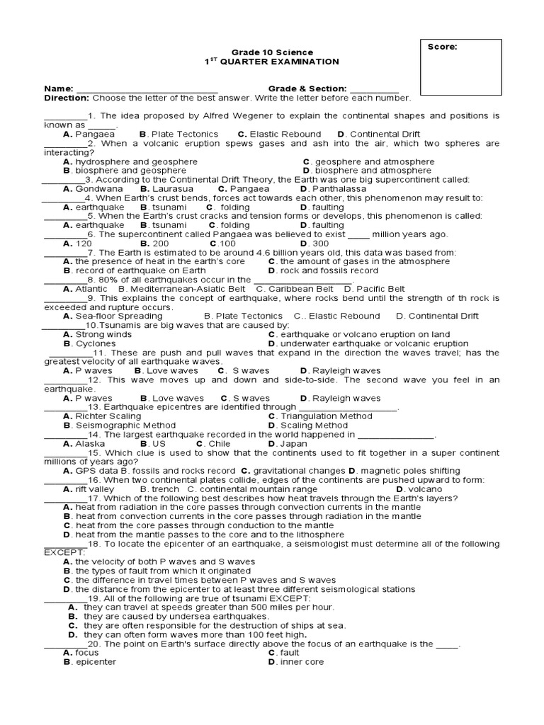Grade 10 Science Q1 Exam and Answers | PDF | Earthquakes | Plate Tectonics
