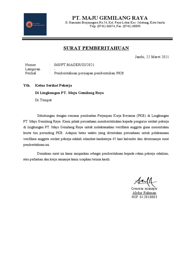 1.1.1 Surat Pemberitahuan Persiapan PKB | PDF