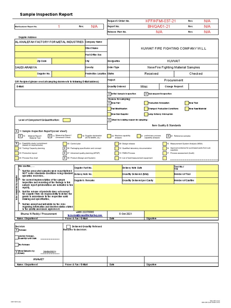 Sample Inspection Report: KFF/KFMI-037-21 N/A 1 N/A BH/QA/01-21 N/A N/A ...
