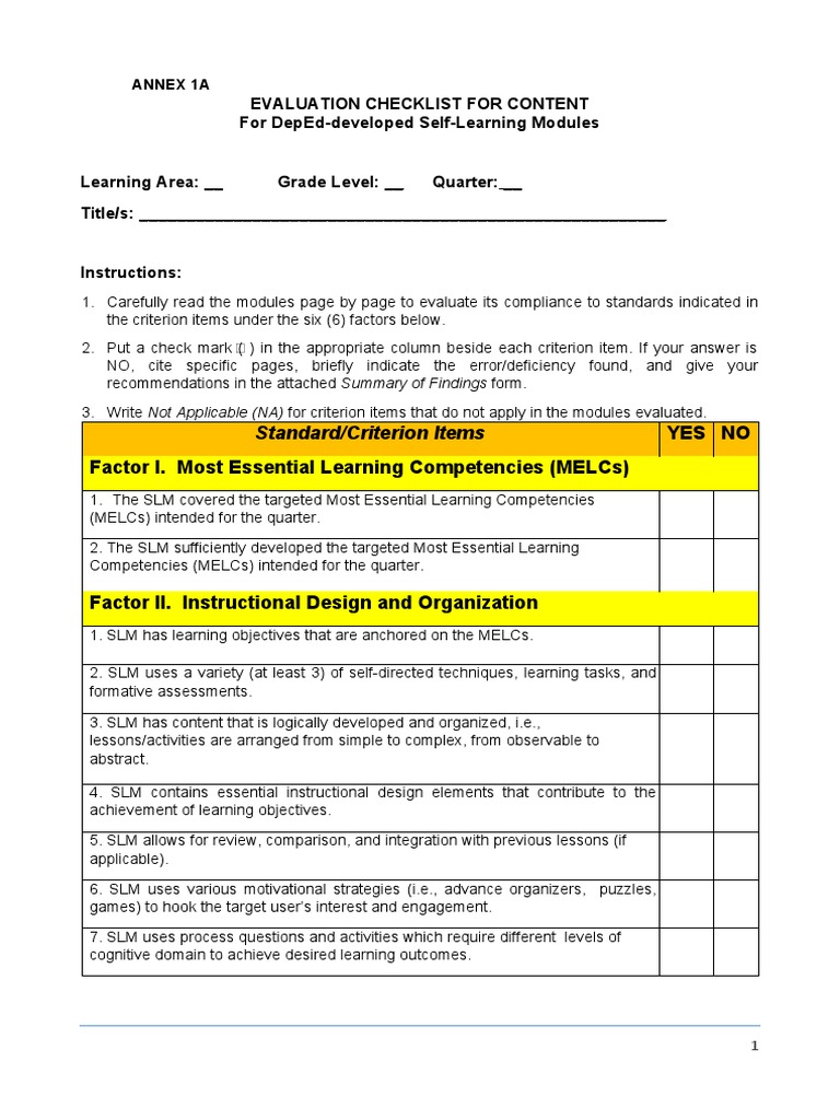 Evaluation Checklist and Summary of Findings | PDF | Reading ...