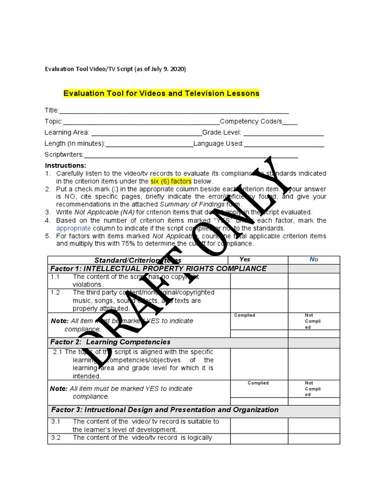 Evaluation Tool For Videos and Television Lessons: Instructions ...