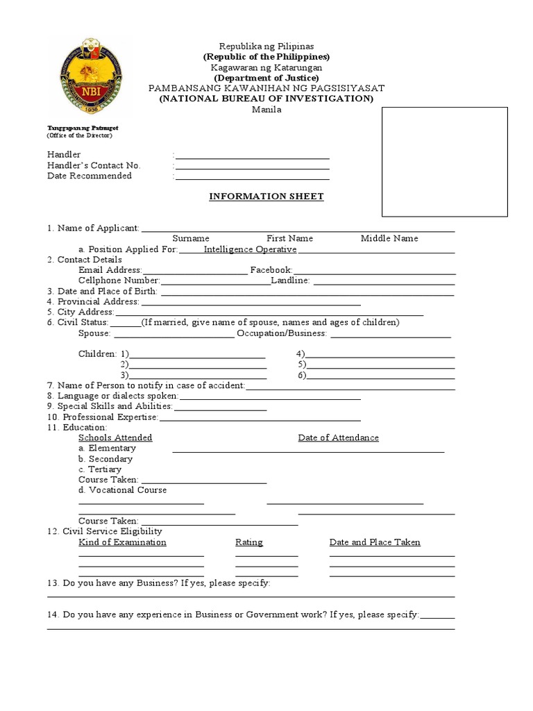 NBI INFORMATION SHEET (PDOS) Updated | PDF | Justice | Crime & Violence