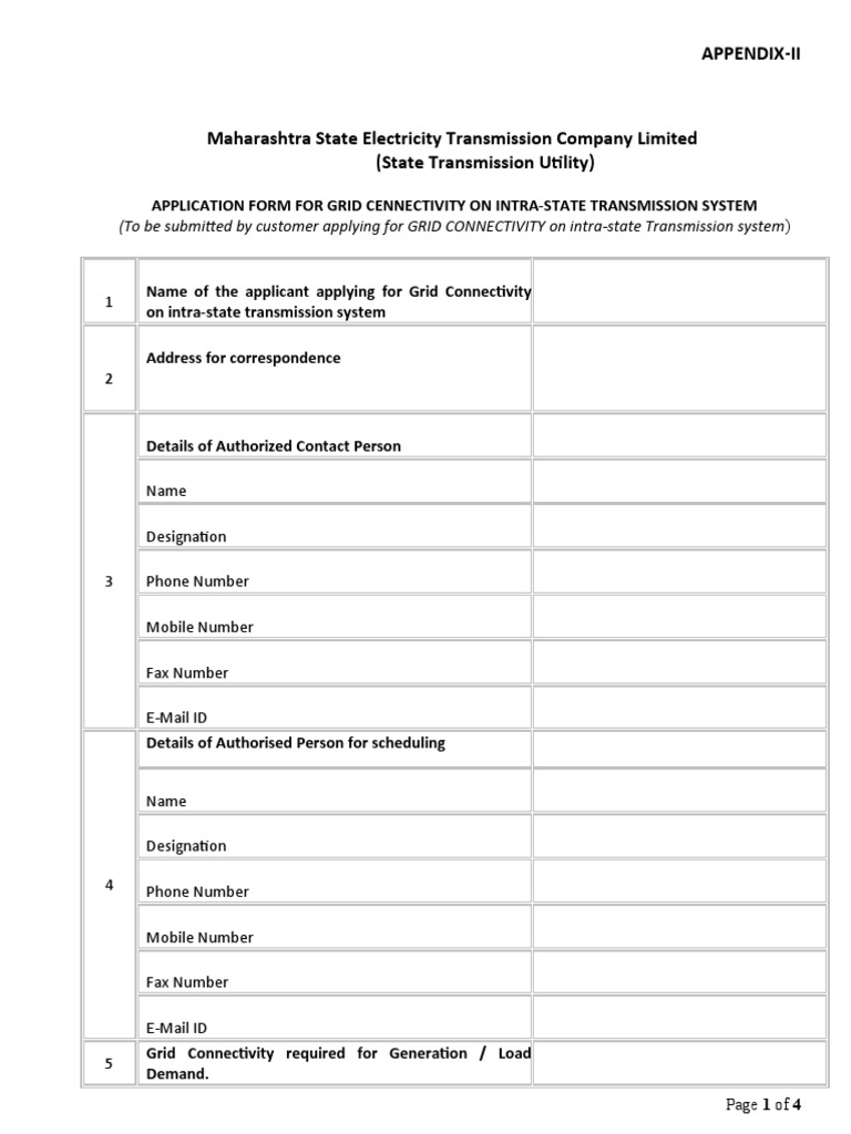 Appendix-Ii: (To Be Submitted by Customer Applying For GRID ...
