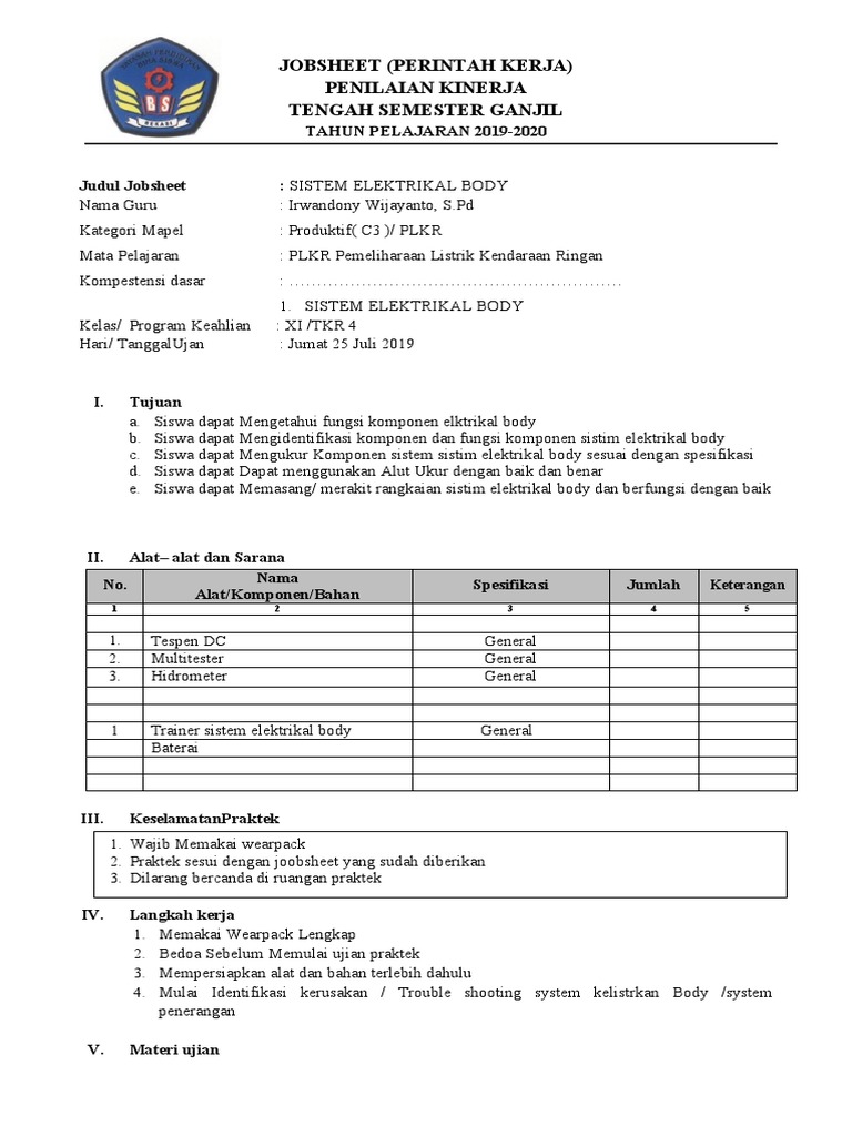 JOBSHEET KELAS XI Kelistrikan Body | PDF
