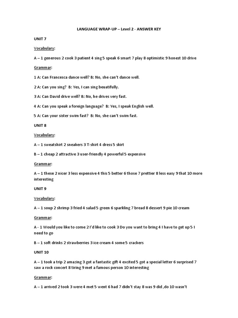 Language Wrap-Up - Level 2 - Answer Key Unit 7 | PDF