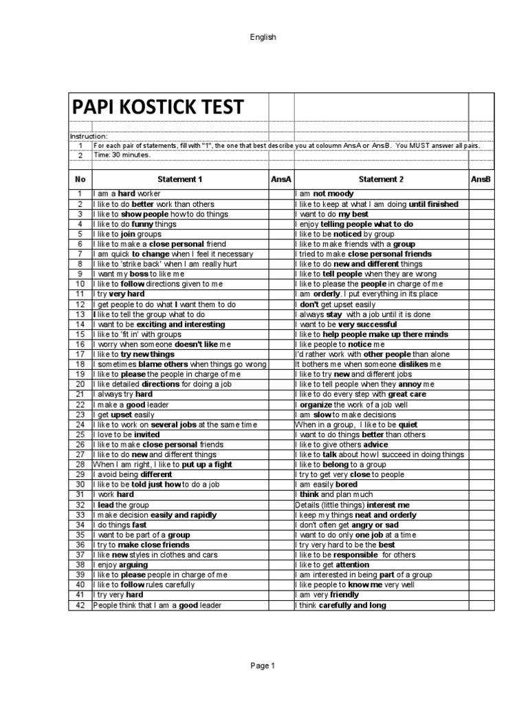 Papi Kostick Test: No Statement 1 Ansa Statement 2 Ansb | PDF