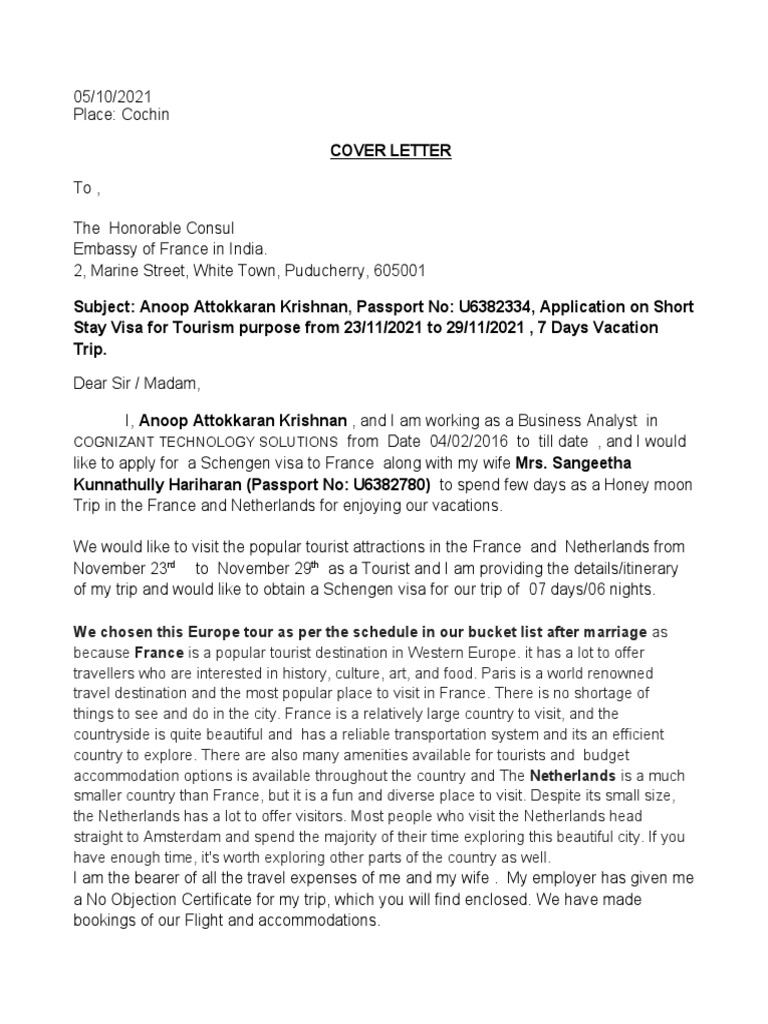 France Cover Letter - Anoop | PDF | Tourism | Travel Visa