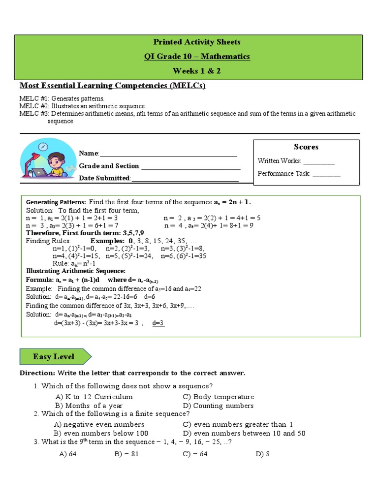Printed Activity Sheets QI Grade 10 - Mathematics Weeks 1 & 2 | PDF ...