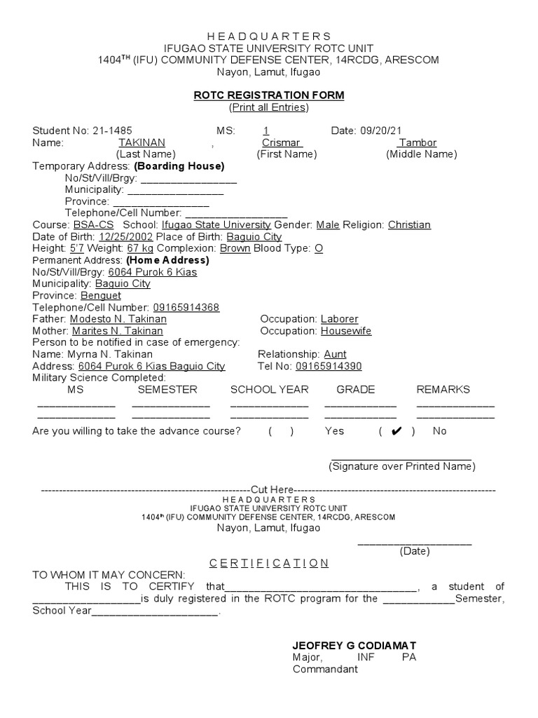 ROTC Registration Form MS1 | PDF