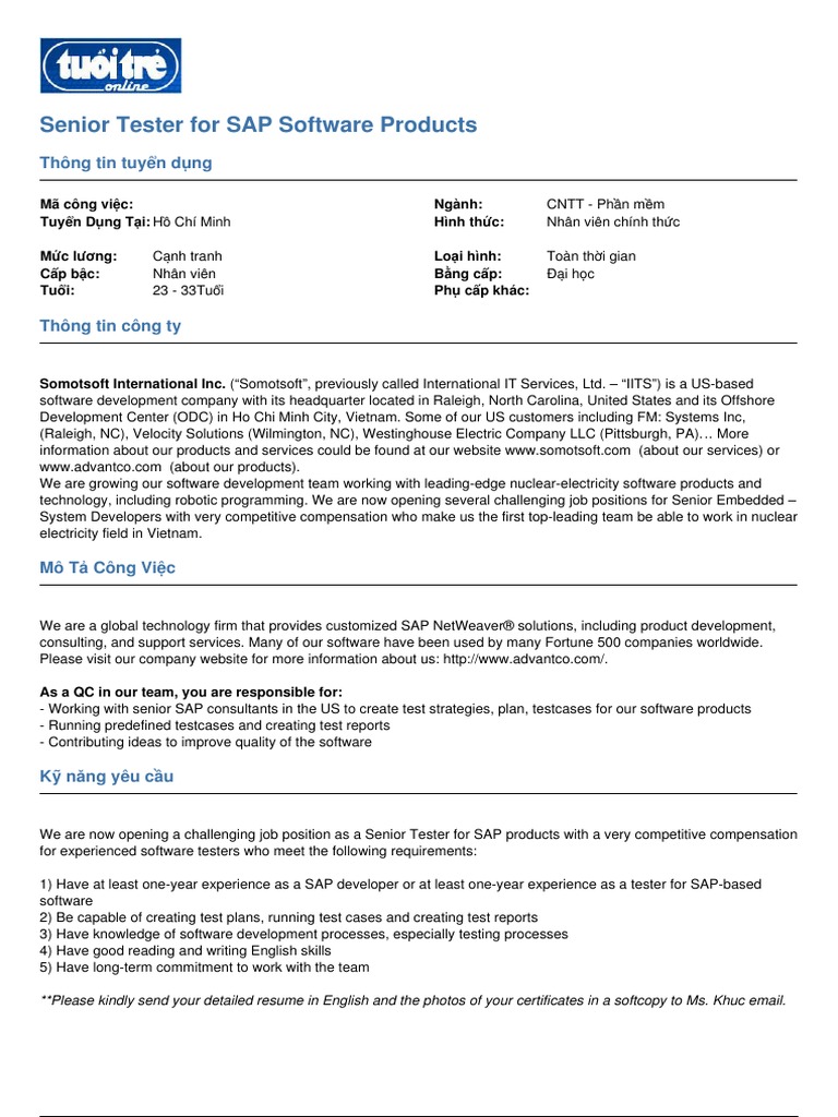 Senior Tester for SAP Software Products: Thông tin tuyển dụng | PDF ...