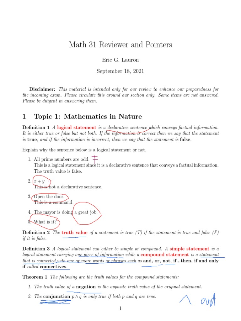 Math 31 Reviewer and Pointers: 1 Topic 1: Mathematics in Nature | PDF ...