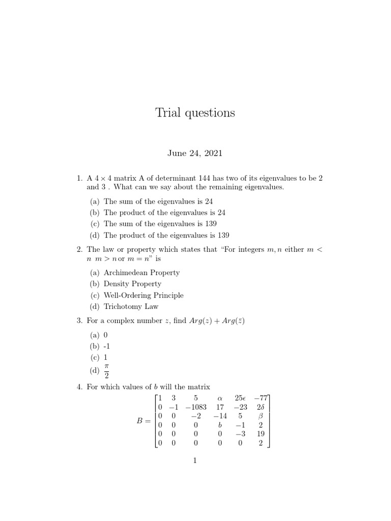 MATRIX TRIAL QUESTIONS | PDF | Matrix (Mathematics) | Algebra