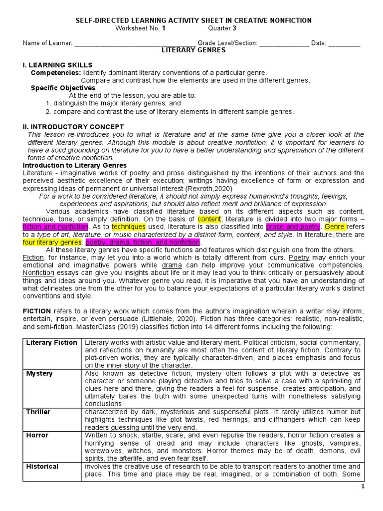 Self-Directed Learning Activity Sheet in Creative Nonfiction | Download ...