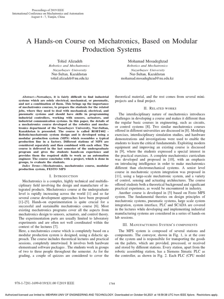 A Hands-On Course On Mechatronics, Based On Modular Production Systems ...