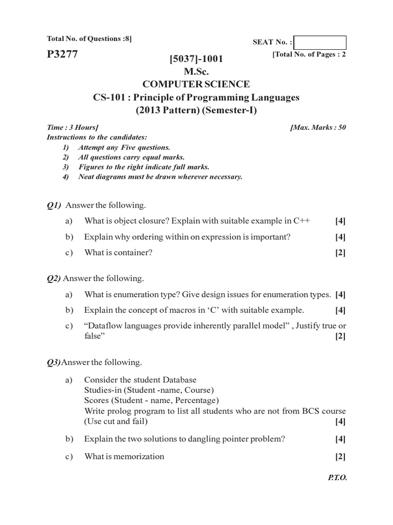 (5037) - 1001 M.Sc. Computer Science CS-101: Principle of Programming ...