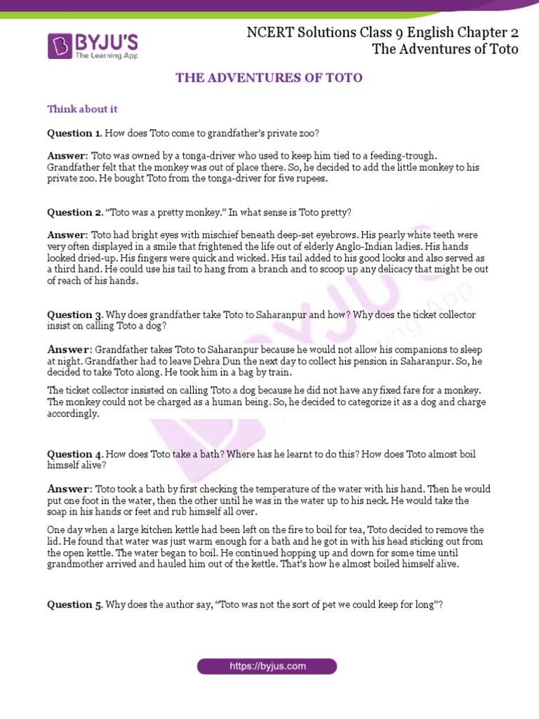 NCERT Solutions Class 9 English Chapter 2 The Adventures of Toto | PDF