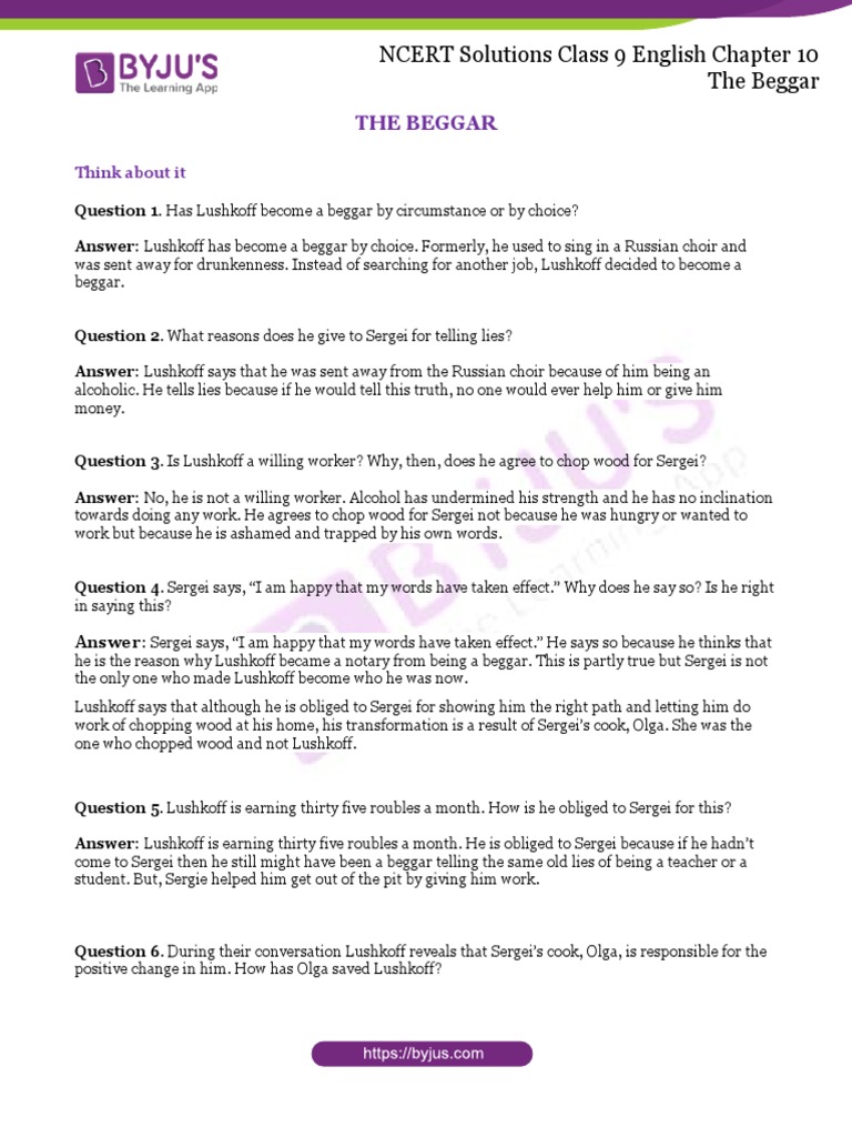 NCERT Solutions Class 9 English Supplementary Chapter 10 The Beggar | PDF