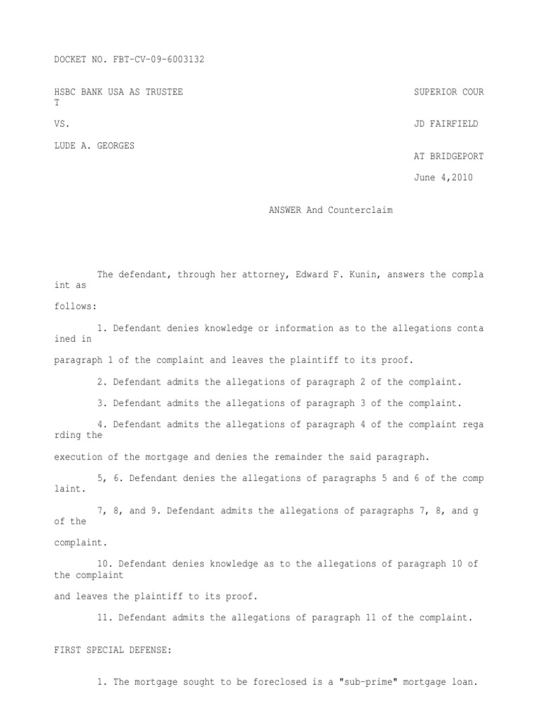 Answer to Foreclosure Complaint | Foreclosure | Mortgage Loan