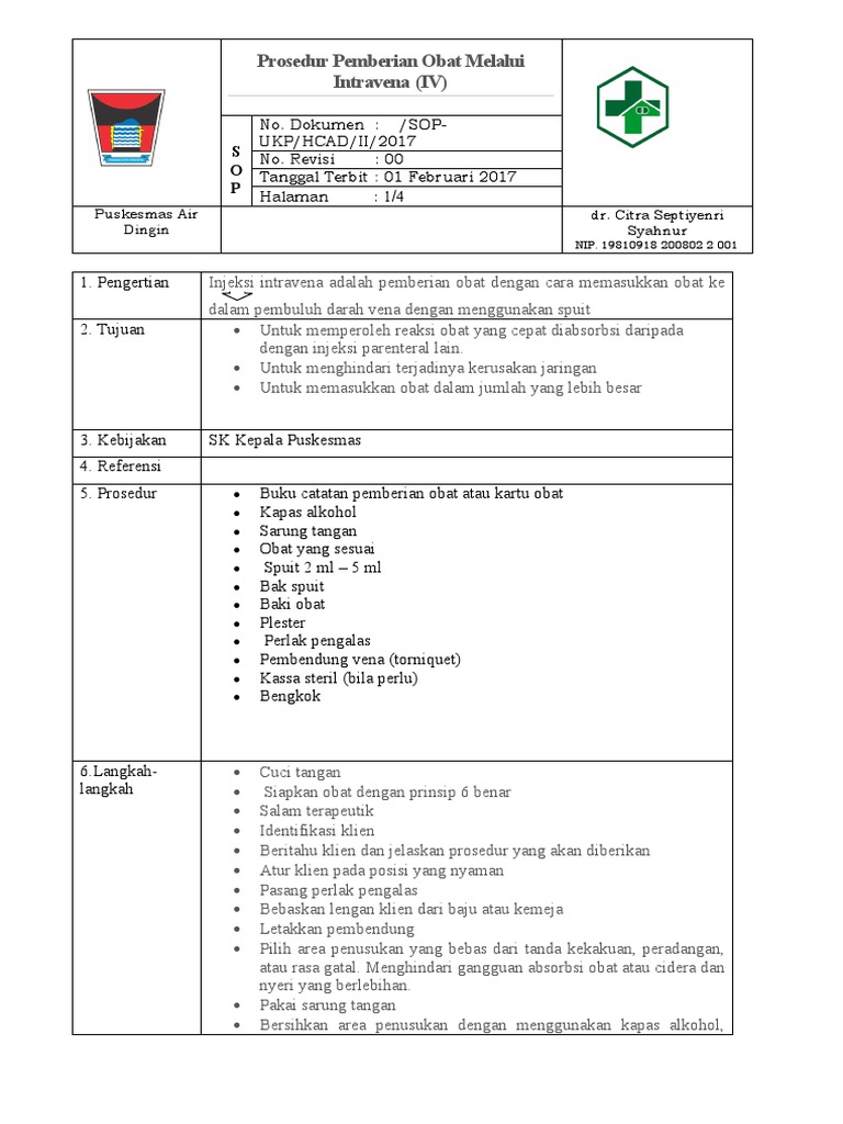 Sop Pemberian Obat Melalui Intravena | PDF