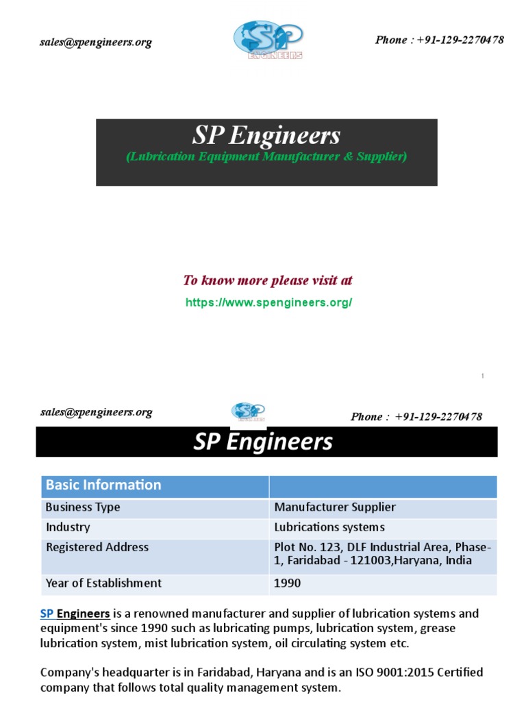 SP Engineers: (Lubrication Equipment Manufacturer & Supplier) | PDF ...
