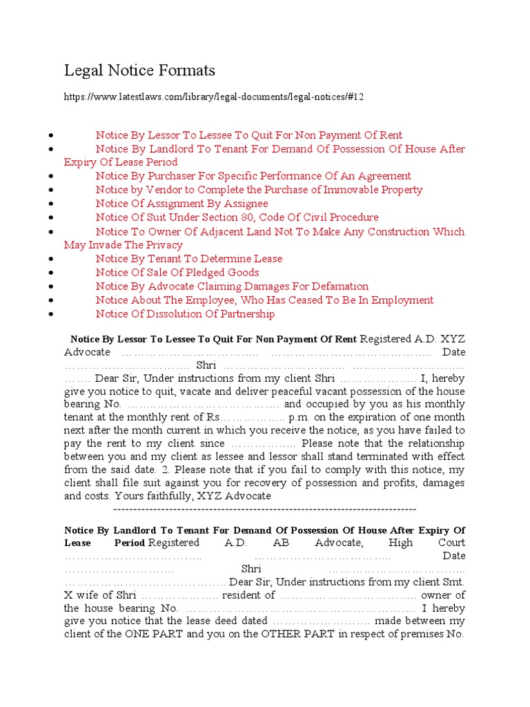 Legal Notice Formats | PDF | Lease | Assignment (Law)