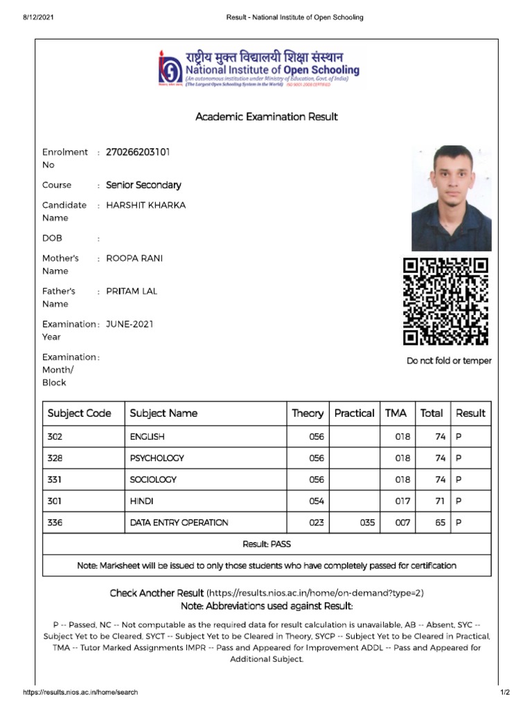 Nios Marksheet | PDF