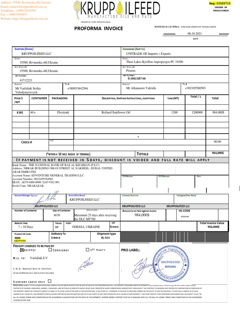 Proforma Invoice: Price $ /MT Container Packaging D, S I, Total / L ...