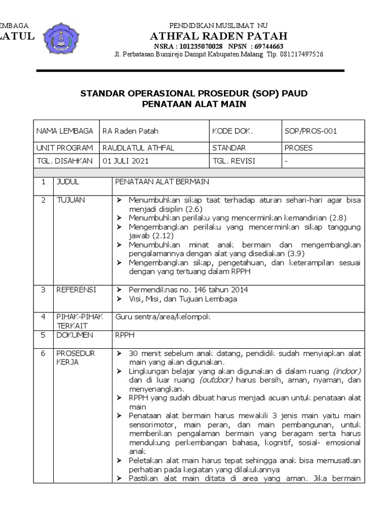 SOP PAUD RA Raden Patah | PDF | Karier & Perkembangan