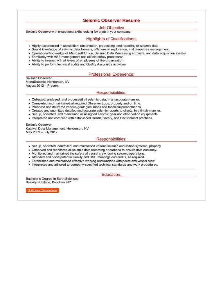 Seismic Observer Resume Overview | PDF
