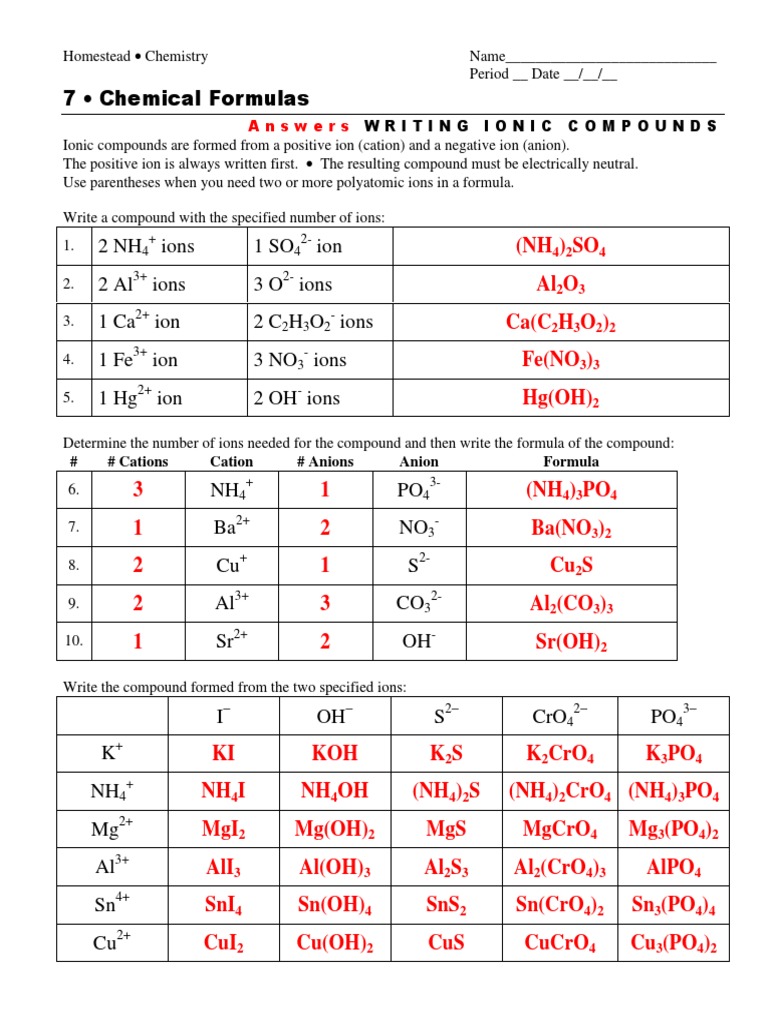 7 - Chemical Formulas: Answers | PDF | Science & Mathematics