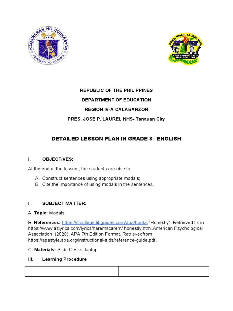 Detailed Lesson Plan in Grade 8 - English | PDF | Verb | Lesson Plan