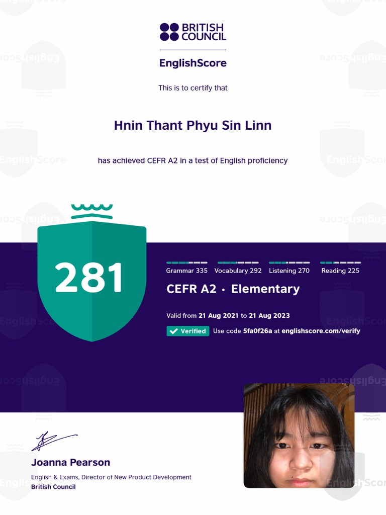 Hnin Thant Phyu Sin Linn: CEFR A2 Elementary | PDF