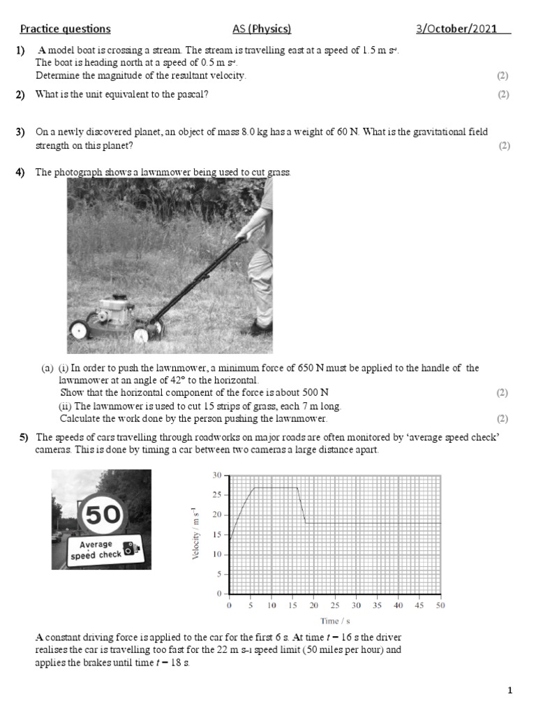 Practice Questions As (Physics) 3/october/2021 | PDF | Force | Acceleration