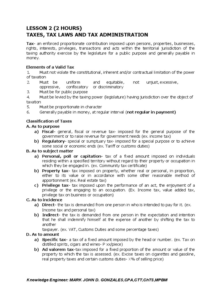 Lesson 2 (2 Hours) Taxes, Tax Laws and Tax Administration: Knowledge ...