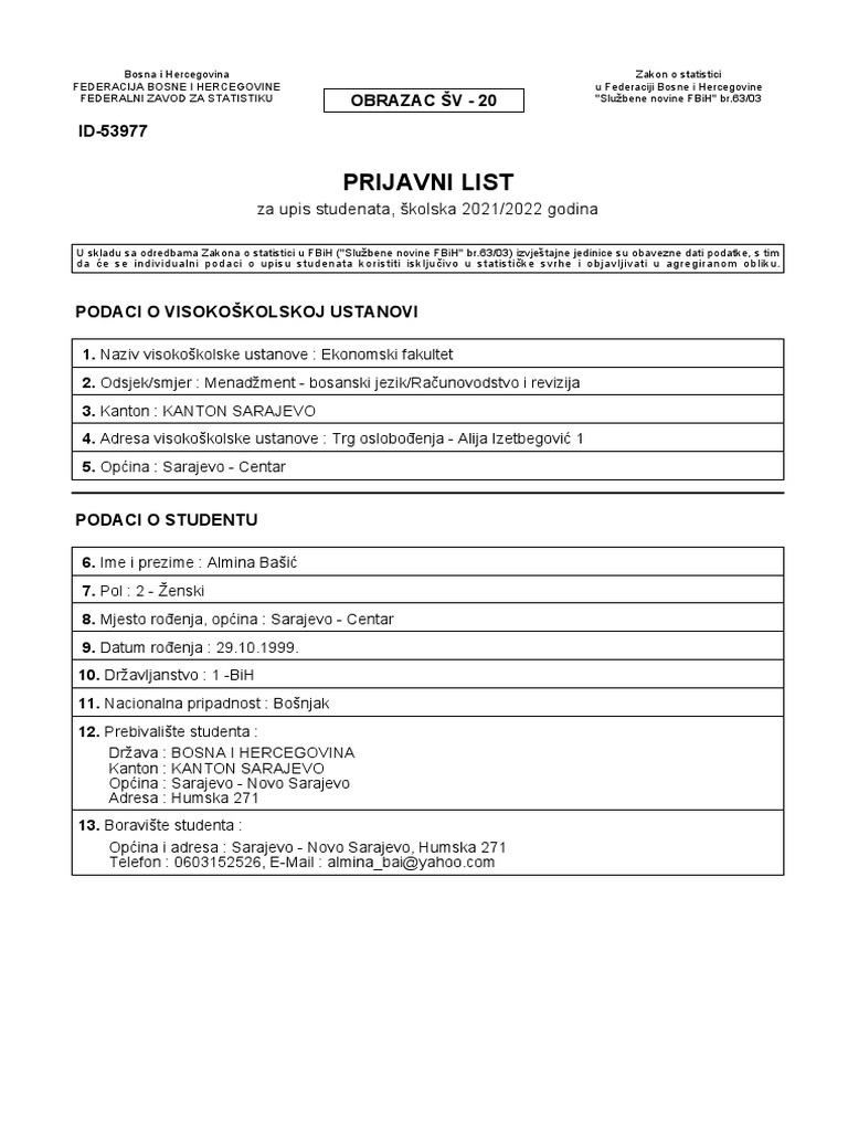 Prijavni List: Obrazac ŠV - 20 | PDF