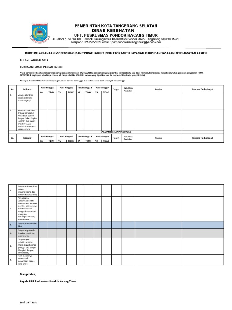 Contoh Rekapan Monev Perbulan Indikator Mutu Klinis Dan SKP Loket ...