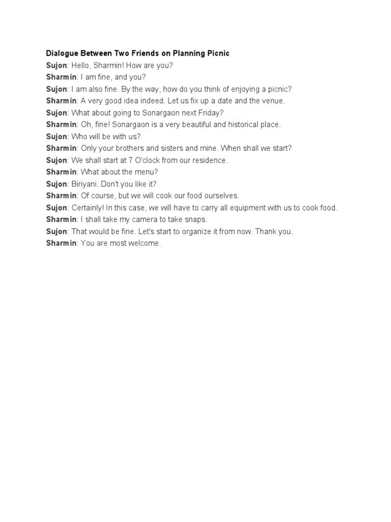 Dialogue Between Two Friends On Planning Picnic | PDF