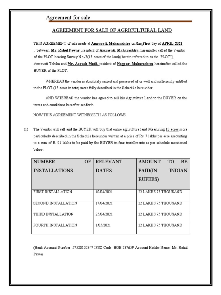 Agreement For Sale of Agriculture Land - Respondent | PDF | Deed ...
