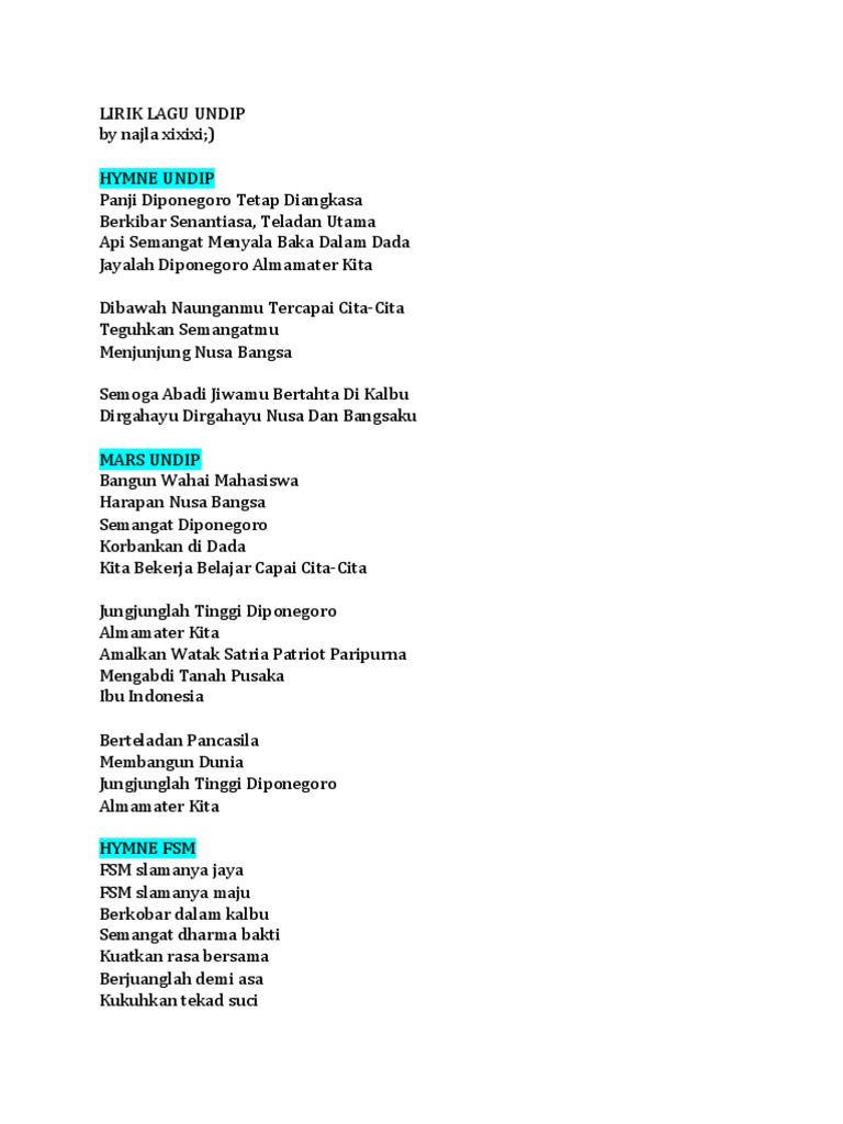 Lirik Hymne dan Mars Universitas Diponegoro | PDF | Ilmu Sosial ...