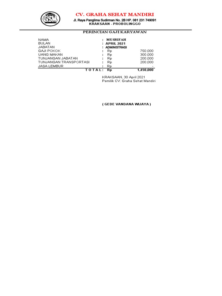 Contoh Slip Gaji Cv. GSM | PDF
