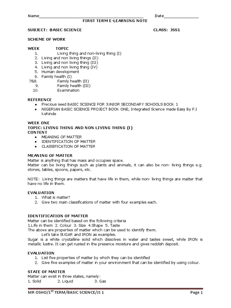 1st Term j1 Basic Science | PDF | Puberty | Gases