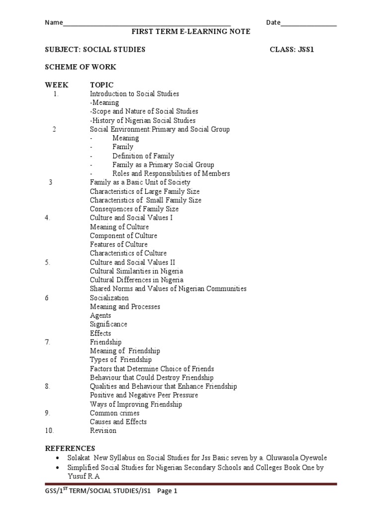 Social Studies Overview for JSS1 | PDF | Friendship | Socialization