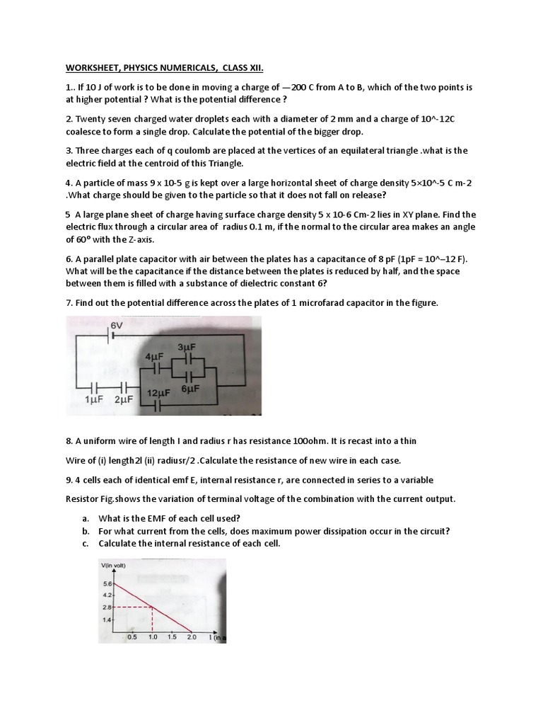 Xii Physics, Worksheet - 3, Numericals. | PDF | Teaching Methods & Materials | Science & Mathematics