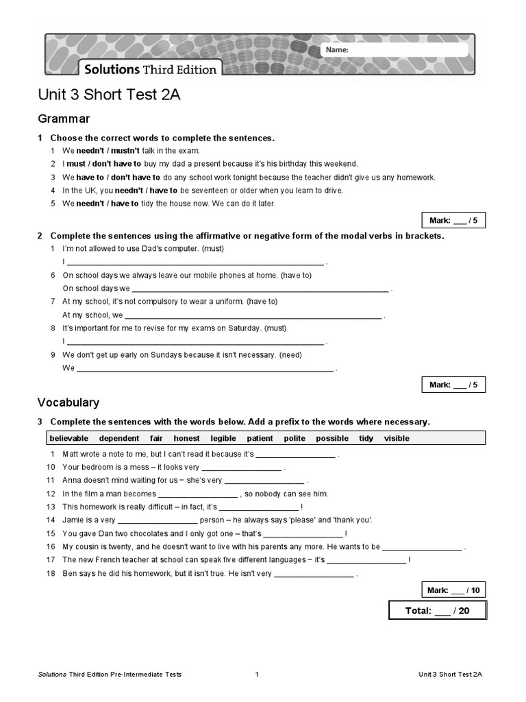 Unit 3 Short Test 2A Answers | PDF | Syntax | Language Mechanics