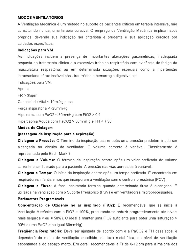 Modos ventilatórios mecânicos: descrição e indicações | PDF ...