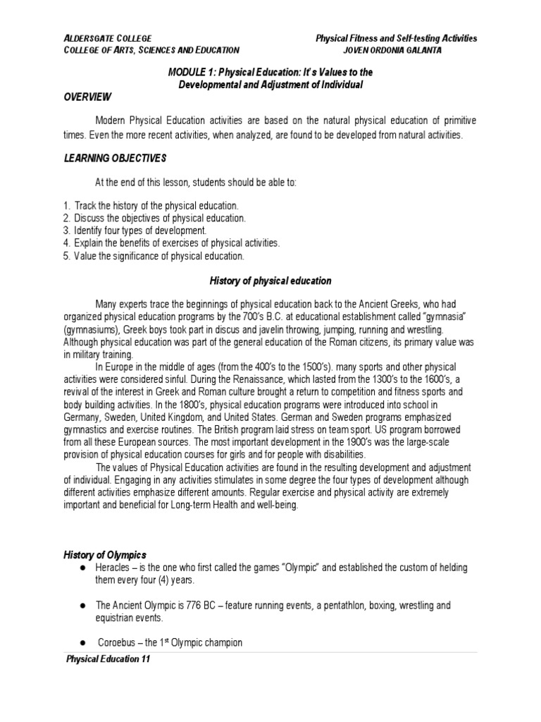 Pe 11 Module 1 | PDF | Physical Education | Olympic Games