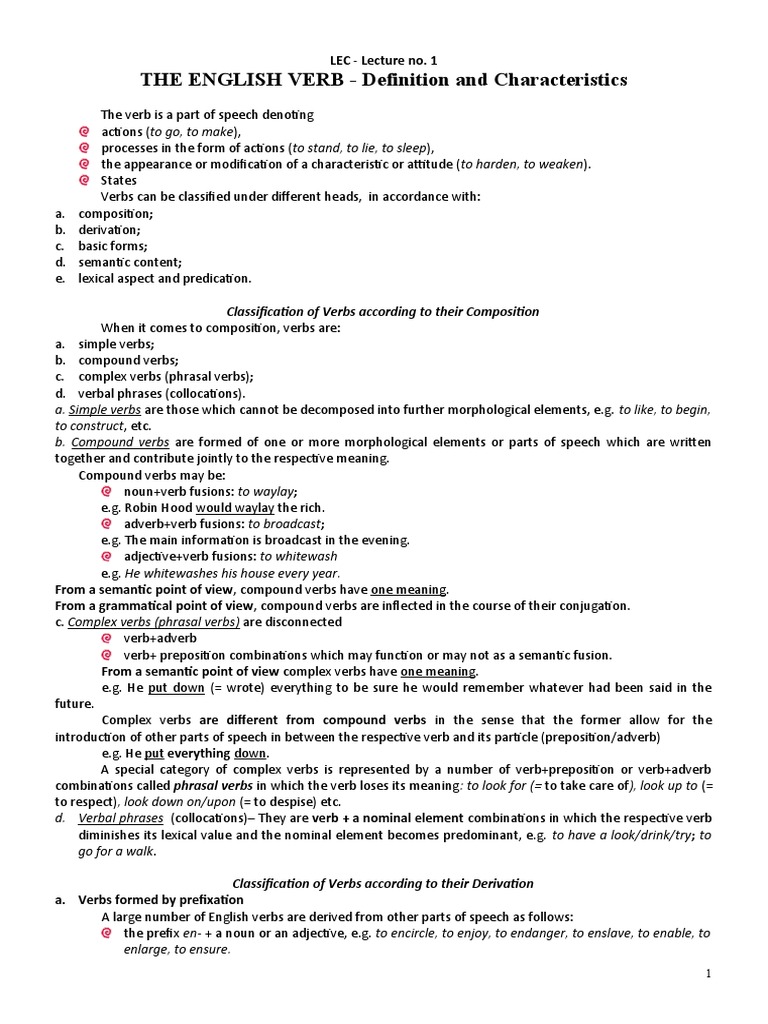 THE ENGLISH VERB - Definition and Characteristics: Classification of ...