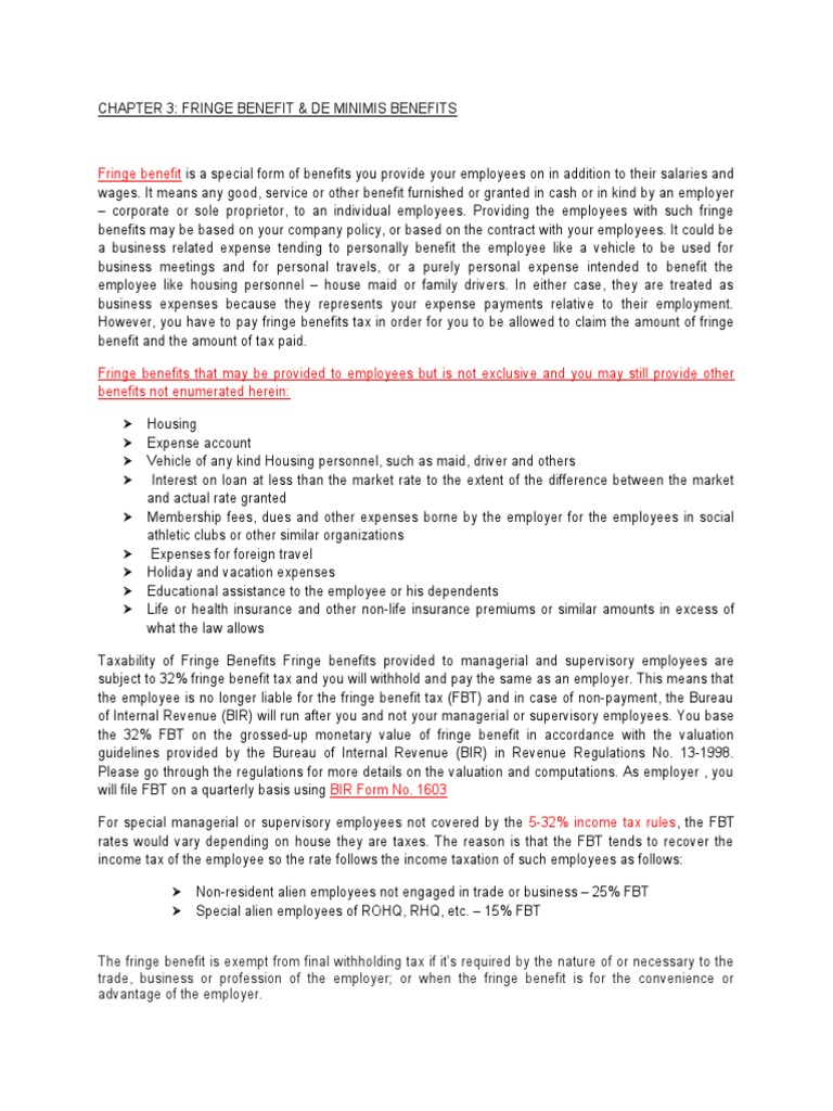 Chapter 3 Fringe & de Minimis Benefits | PDF | Employee Benefits | Employment