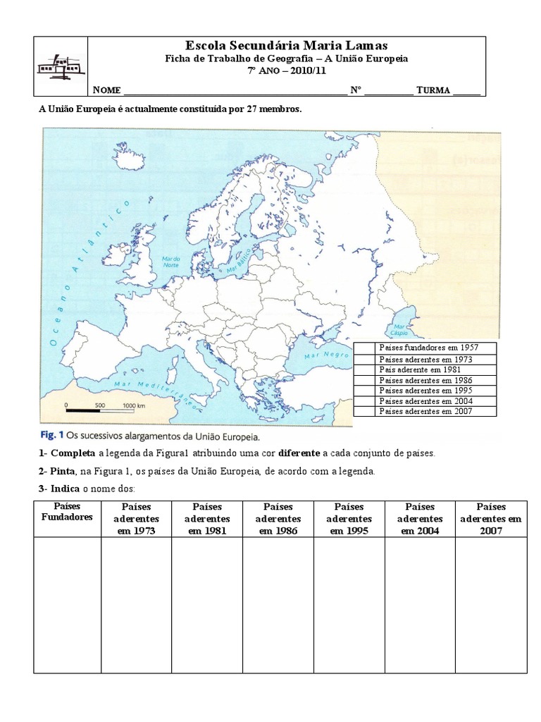 Ficha de Geografia: União Europeia 7º Ano | PDF | União Europeia | Europa