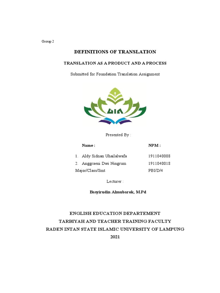 Definitions of Translation Translation As A Product and A Process | PDF ...
